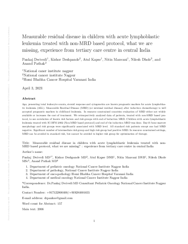 (PDF) Measurable residual disease in children with acute lymphoblastic ...