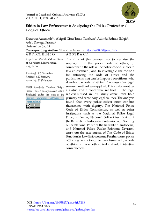 (PDF) Ethics in Law Enforcement: Analyzing the Police Professional Code ...