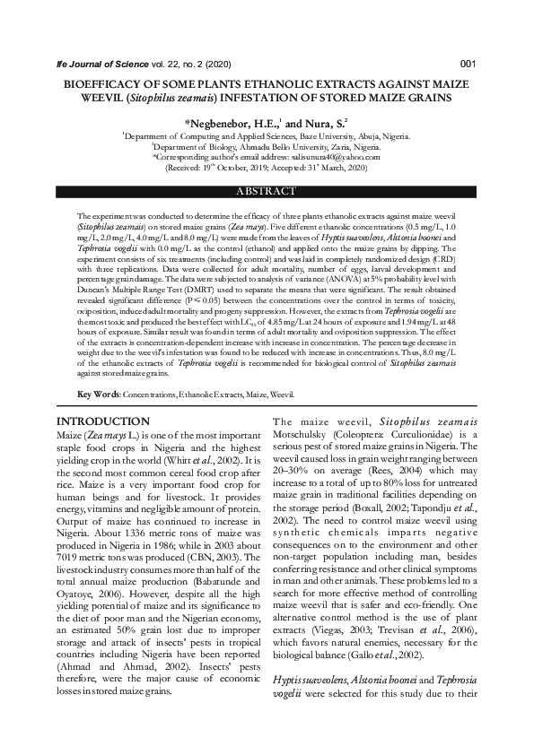 (PDF) BIOEFFICACY OF SOME PLANTS ETHANOLIC EXTRACTS AGAINST MAIZE ...