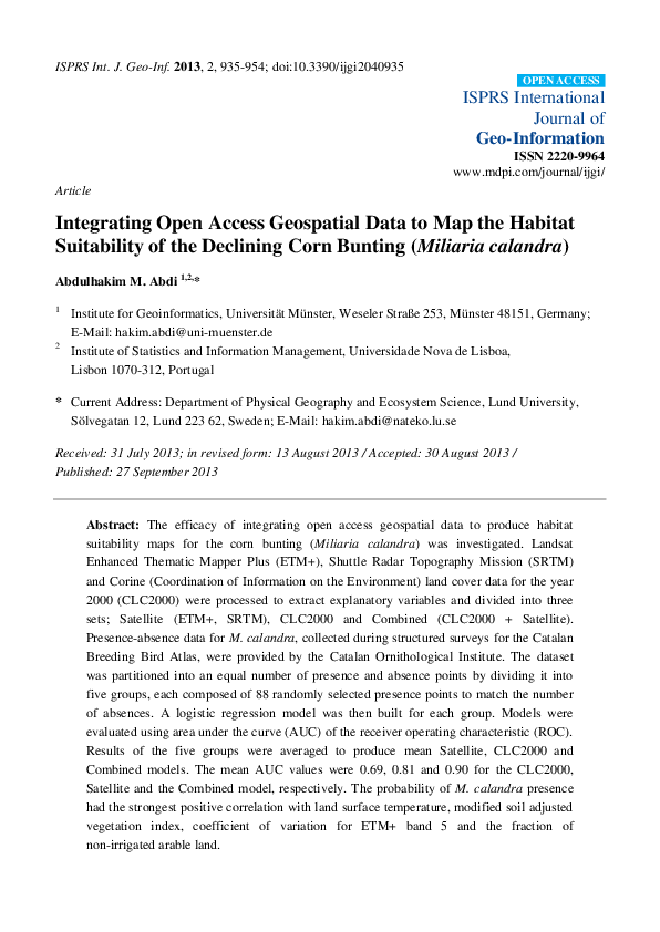 (PDF) Integrating Open Access Geospatial Data to Map the Habitat Suitability of the Declining ...