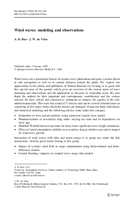 Pdf Wind Waves Modeling And Observations J W Vries De
