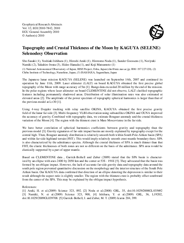 (PDF) Topography and Crustal Thickness of the Moon by KAGUYA (SELENE ...