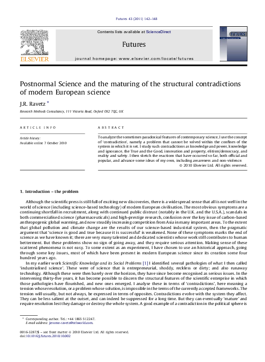 (PDF) Postnormal Science and the maturing of the structural contradictions of modern European ...