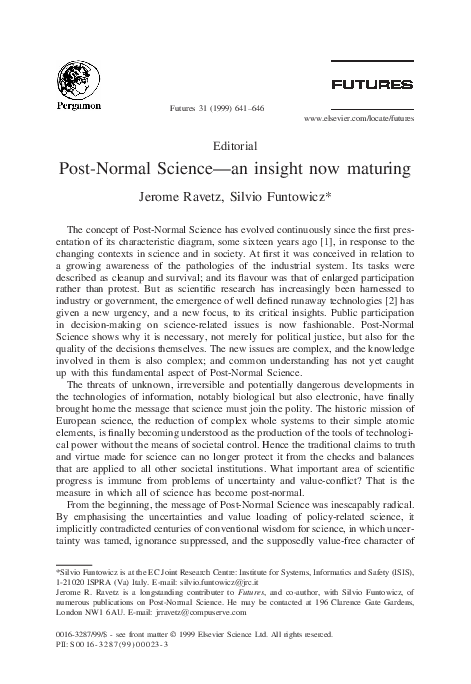 (PDF) Post-Normal Science - an insight now maturing