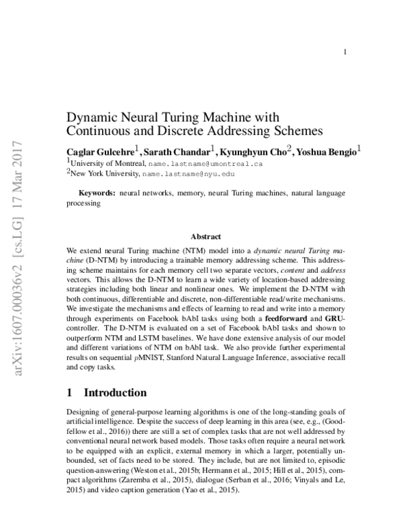 (PDF) Dynamic Neural Turing Machine with Soft and Hard Addressing Schemes