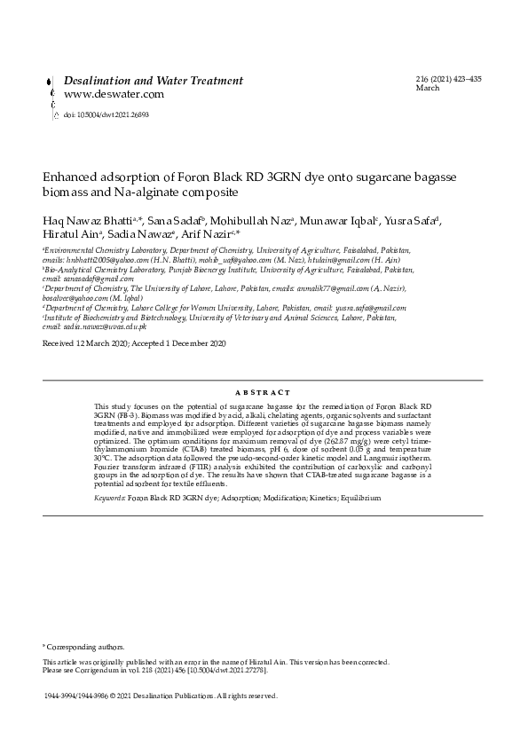 (PDF) Enhanced adsorption of Foron Black RD 3GRN dye onto sugarcane ...