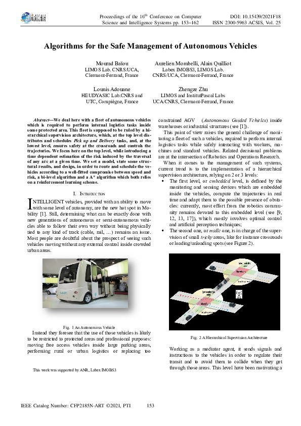 (PDF) Algorithms for the Safe Management of Autonomous Vehicles