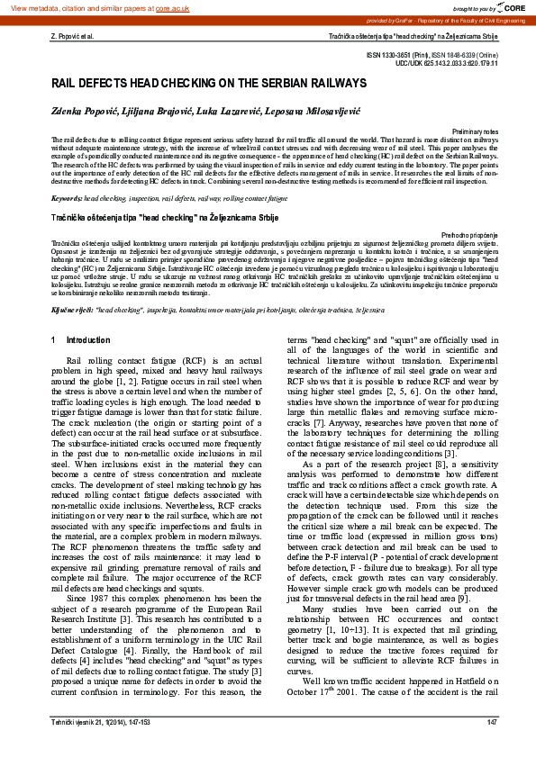 (PDF) Rail Defects Head Checking on the Serbian Railways | Luka ...