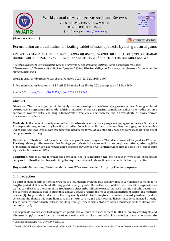 Pdf Formulation And Evaluation Of Floating Tablet Of Esomeprazole By Using Natural Gums