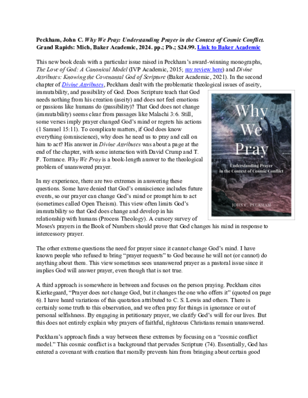 (PDF) John C. Peckham, Why We Pray: Understanding Prayer in the Context ...