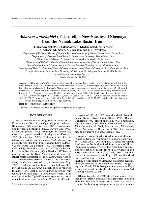 (PDF) Alburnus amirkabiri (Teleostei), a new species of shemaya from ...