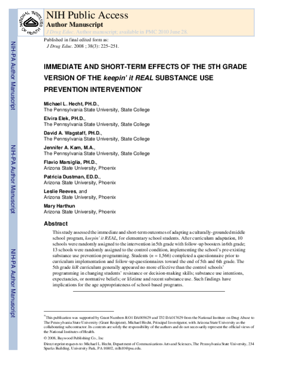 (PDF) Immediate and Short-Term Effects of the 5th Grade Version of the ...