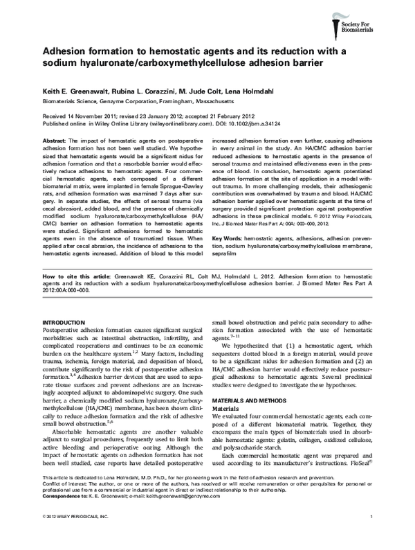 (PDF) Adhesion formation to hemostatic agents and its reduction with a ...