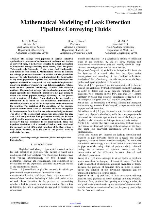 (PDF) Mathematical Modeling of Leak Detection Pipelines Conveying Fluids