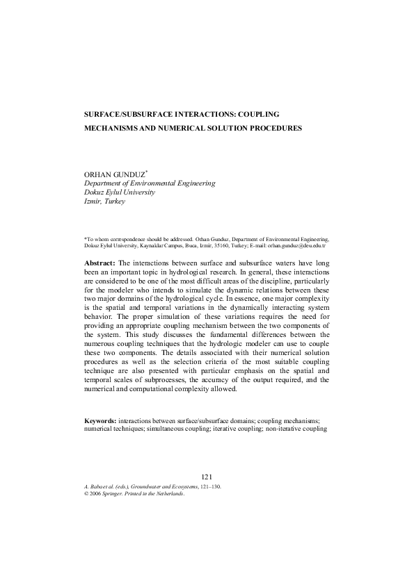 (PDF) Surface/subsurface interactions: coupling mechanisms and numerical solution procedures