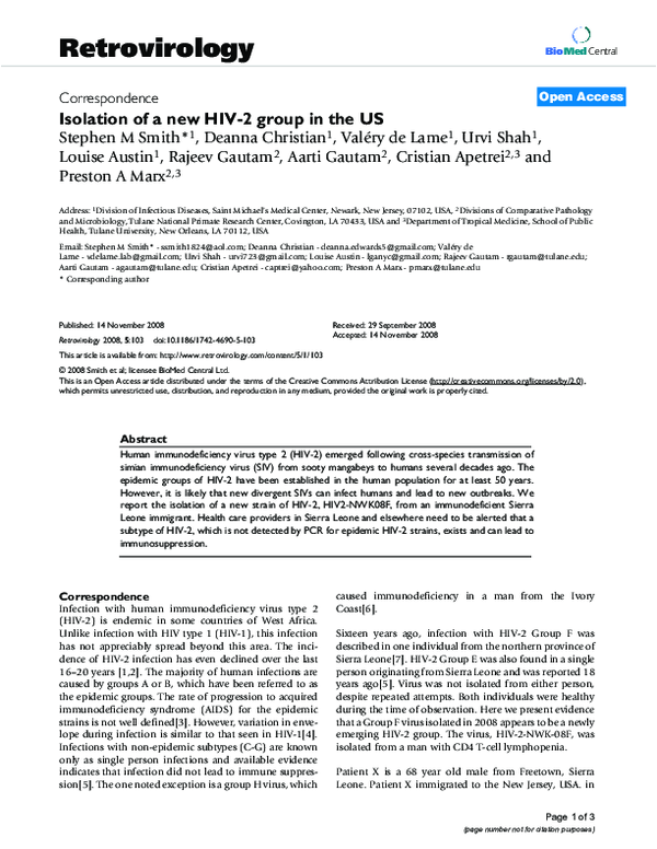 (PDF) Isolation of a new HIV-2 group in the US | Preston Marx ...