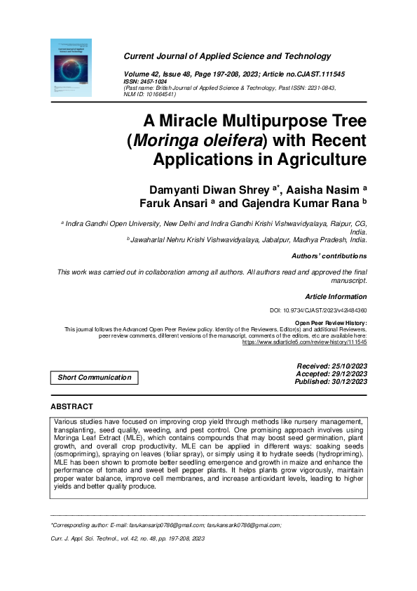 (PDF) A Miracle Multipurpose Tree (Moringa oleifera) with Recent Applications in Agriculture