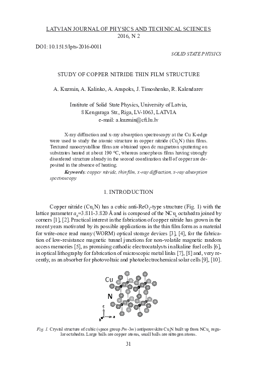 (PDF) Study of Copper Nitride Thin Film Structure