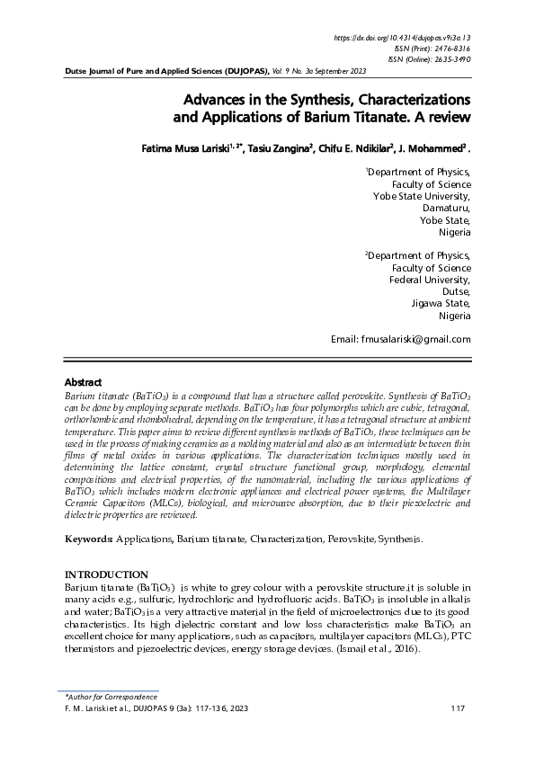 (PDF) Advances in the synthesis, characterizations and applications of barium titanate. A review