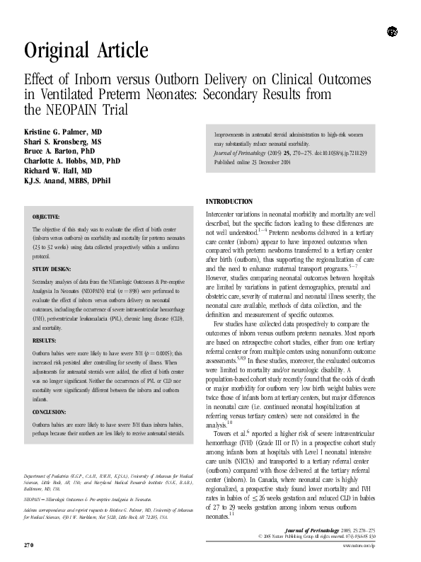 (PDF) Effect of Inborn versus Outborn Delivery on Clinical Outcomes in ...