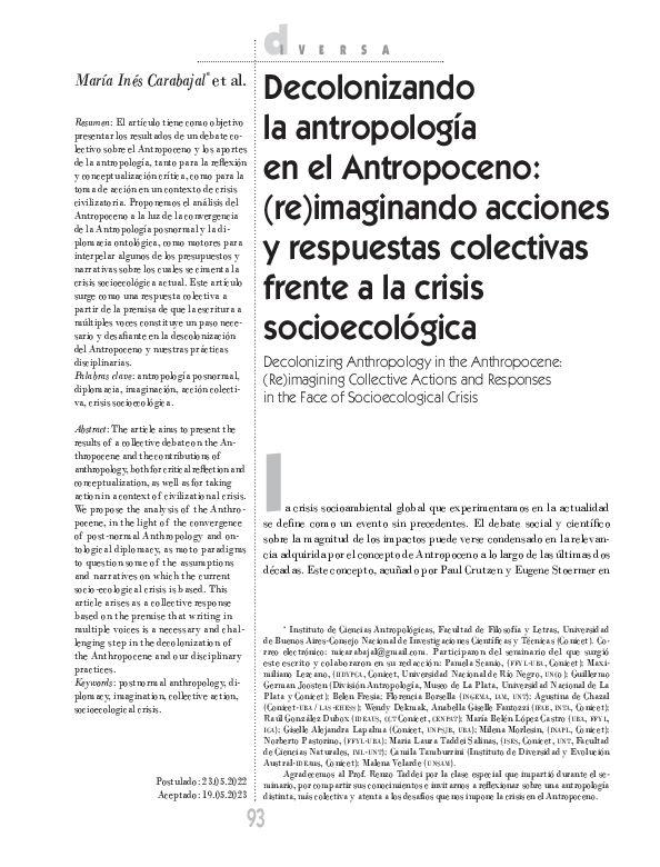 (PDF) Descolonizando la antropología en el antropoceno: reimaginando acciones y respuestas ...