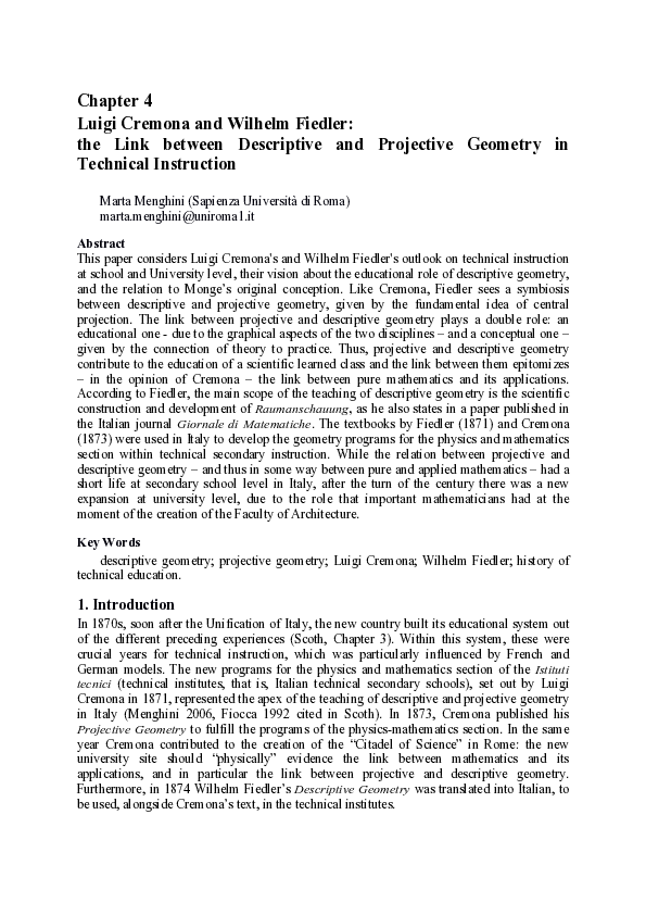 (PDF) Luigi Cremona and Wilhelm Fiedler: The Link Between Descriptive ...