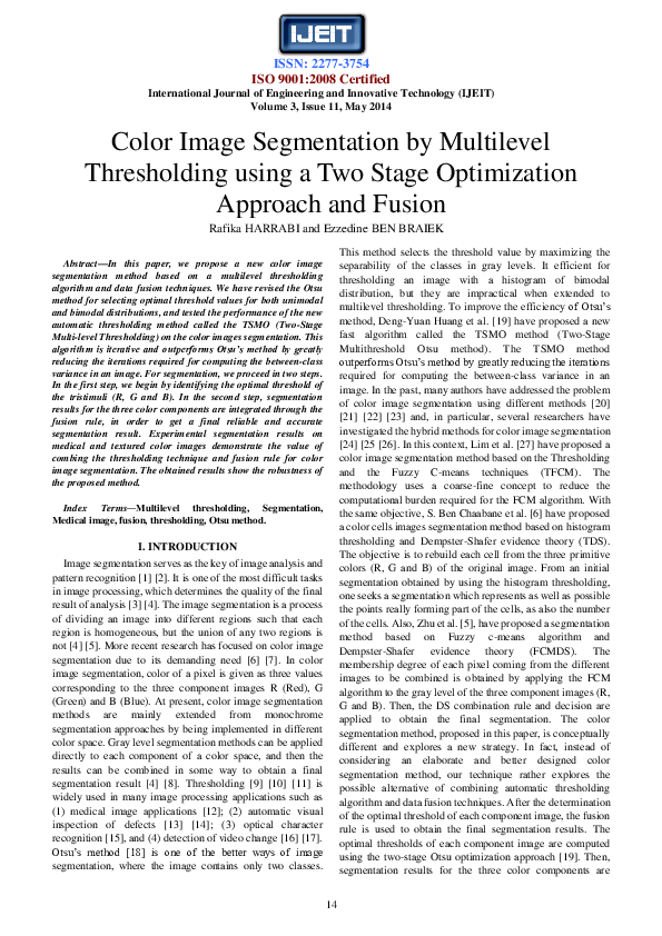 (PDF) Color Image Segmentation by Multilevel Thresholding using a Two Stage Optimization ...