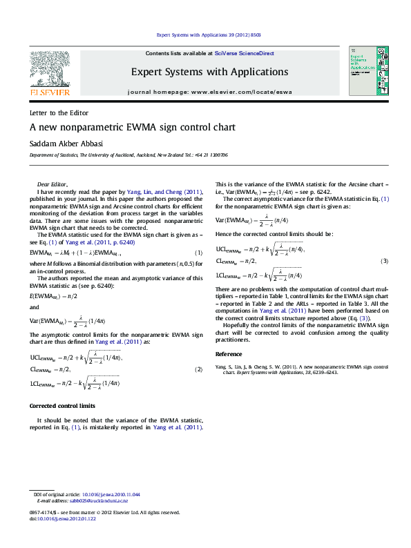 (PDF) A new nonparametric EWMA sign control chart