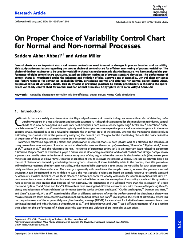 (PDF) On Proper Choice of Variability Control Chart for Normal and Non‐normal Processes