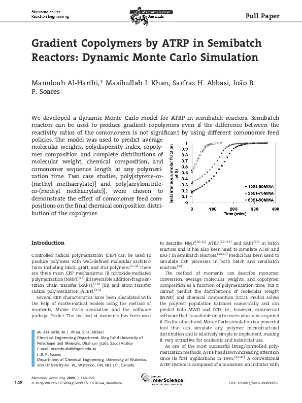 (PDF) Gradient Copolymers by ATRP in Semibatch Reactors: Dynamic Monte Carlo Simulation