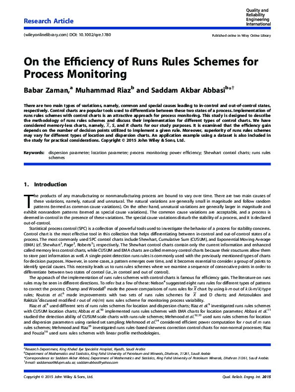 (PDF) On the Efficiency of Runs Rules Schemes for Process Monitoring