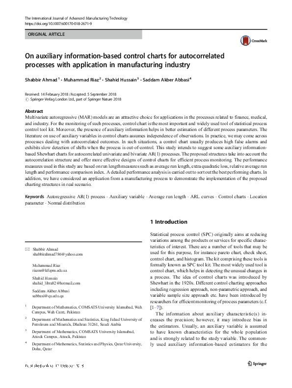 (PDF) On auxiliary information-based control charts for autocorrelated processes with ...