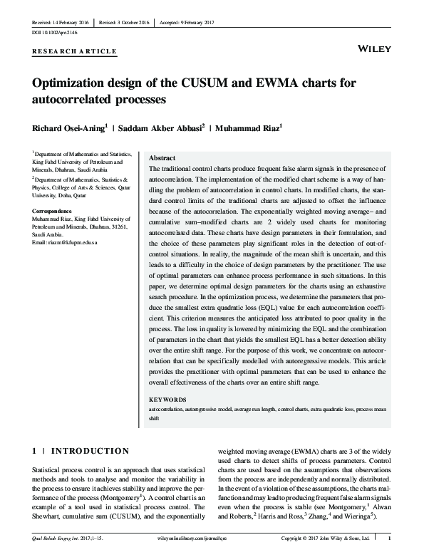 (PDF) Optimization design of the CUSUM and EWMA charts for autocorrelated processes