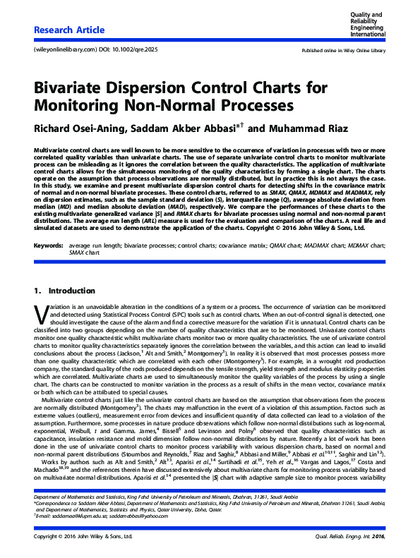(PDF) Bivariate Dispersion Control Charts for Monitoring Non-Normal Processes