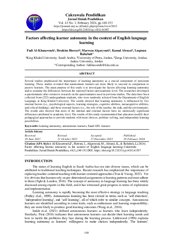 (PDF) Factors affecting learner autonomy in the context of English language learning