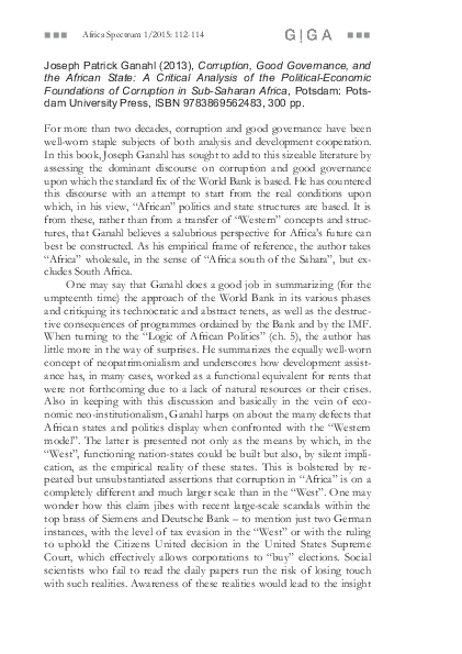 (PDF) Book Review: Corruption, Good Governance, and the African State ...