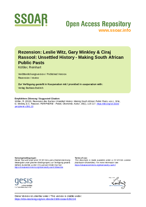 (PDF) Leslie Witz, Gary Minkley & Ciraj Rassool: Unsettled History ...