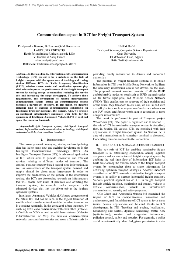 (PDF) Communication aspect in ICT for Freight Transport System