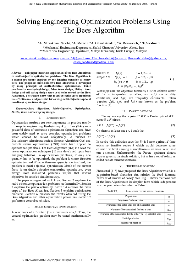 (PDF) Solving engineering optimization problems using the Bees Algorithm