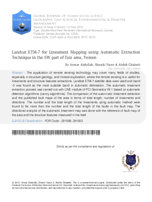 (PDF) Landsat ETM-7 for Lineament Mapping Using Automatic Extraction ...