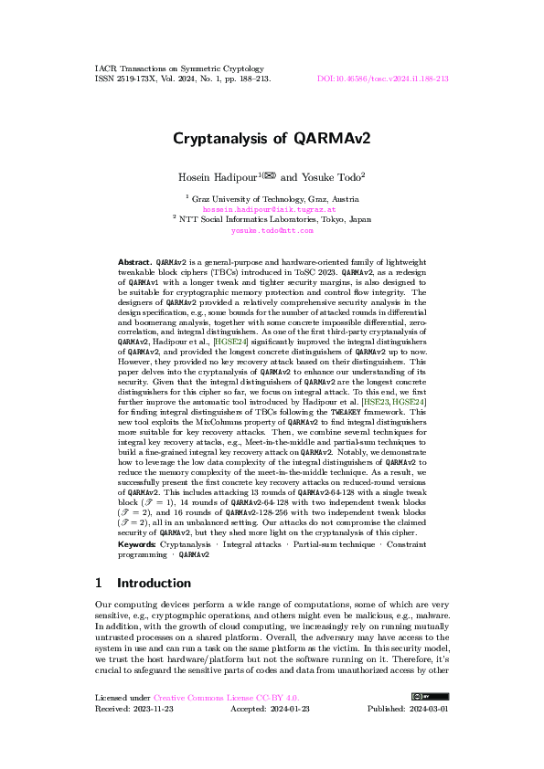 (PDF) Cryptanalysis of QARMAv2