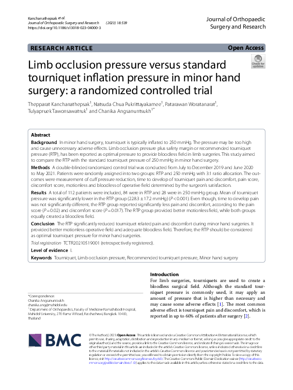 (PDF) Limb occlusion pressure versus standard tourniquet inflation ...