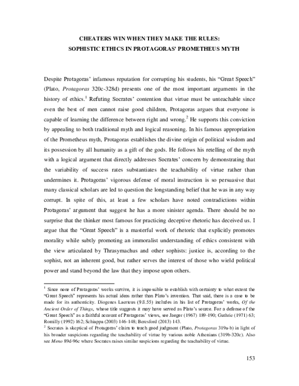 (PDF) Cheaters win when they make the rules: sophistic ethics in Protagoras' Prometheus myth