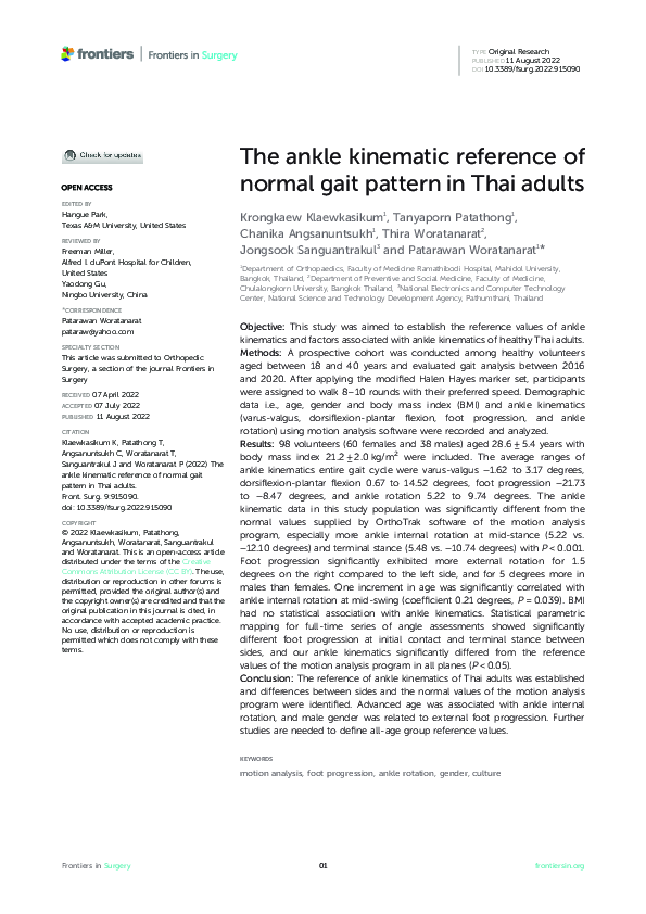 (PDF) The ankle kinematic reference of normal gait pattern in Thai adults