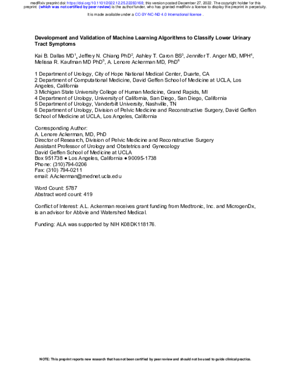 Pdf Development And Validation Of A Machine Learning Algorithm To Classify Lower Urinary Tract