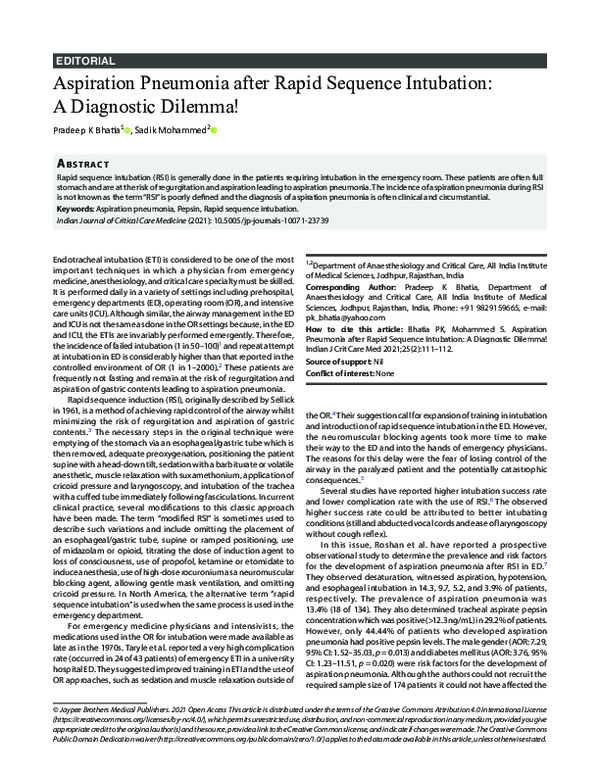 (PDF) Aspiration Pneumonia after Rapid Sequence Intubation: A Diagnostic Dilemma! | Sadik ...