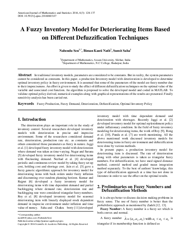 Pdf A Fuzzy Inventory Model For Deteriorating Items Based On Different Defuzzification Techniques