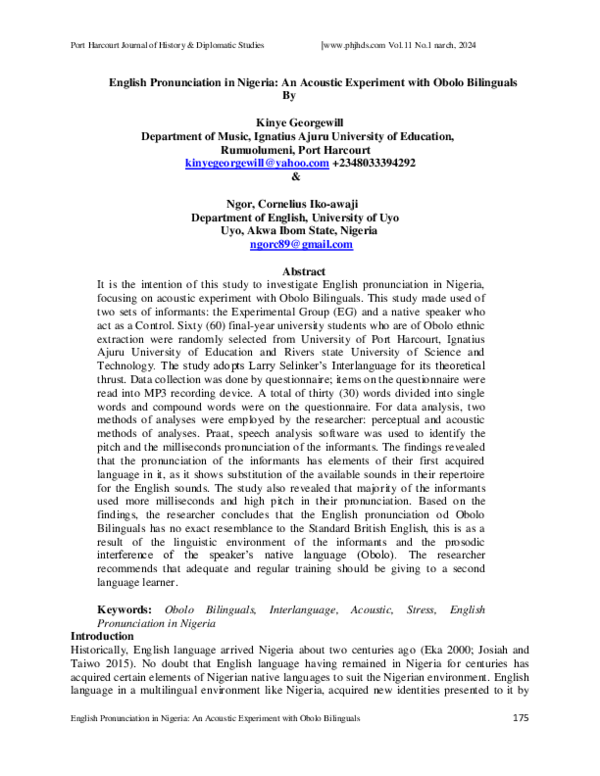 (PDF) English Pronunciation in Nigeria: An Acoustic Experiment with ...