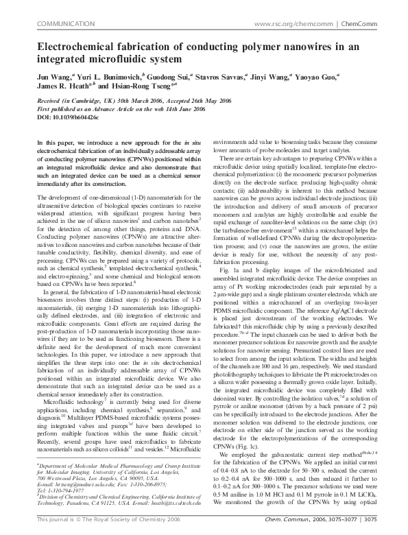 (PDF) Electrochemical fabrication of conducting polymer nanowires in an integrated microfluidic ...