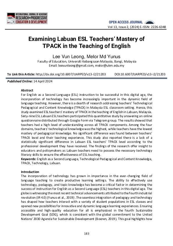 (PDF) Examining Labuan ESL Teachers' Mastery of TPACK in the Teaching ...